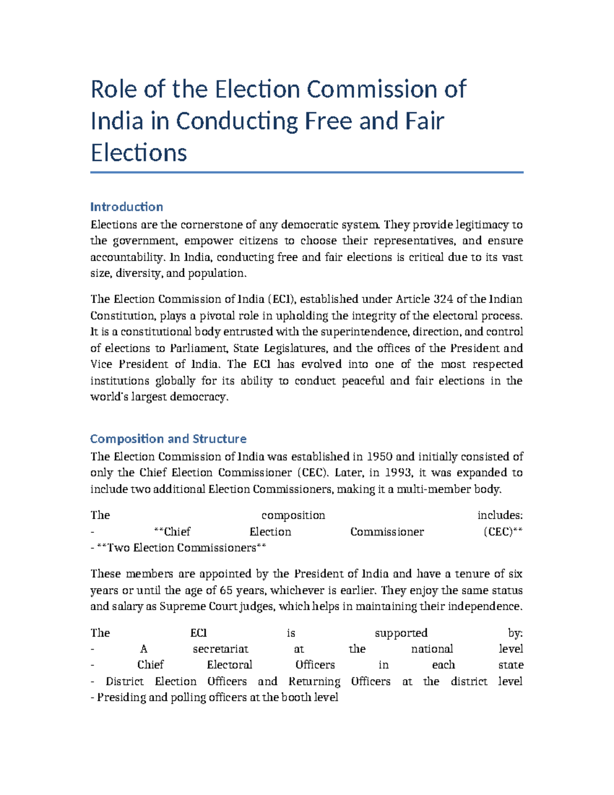 Role of ECI in Ensuring Free & Fair Elections in India - Studocu