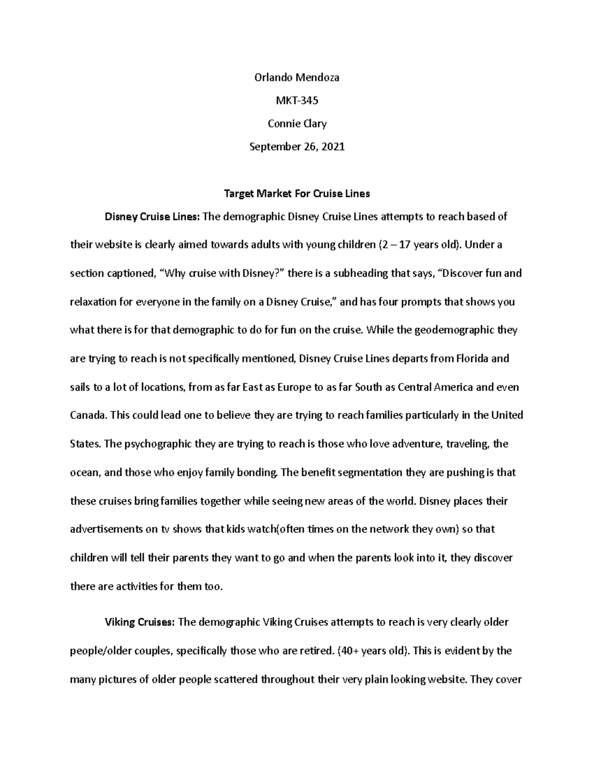 MKT345Target Market For Cruise Lines - Orlando Mendoza MKT- Connie ...