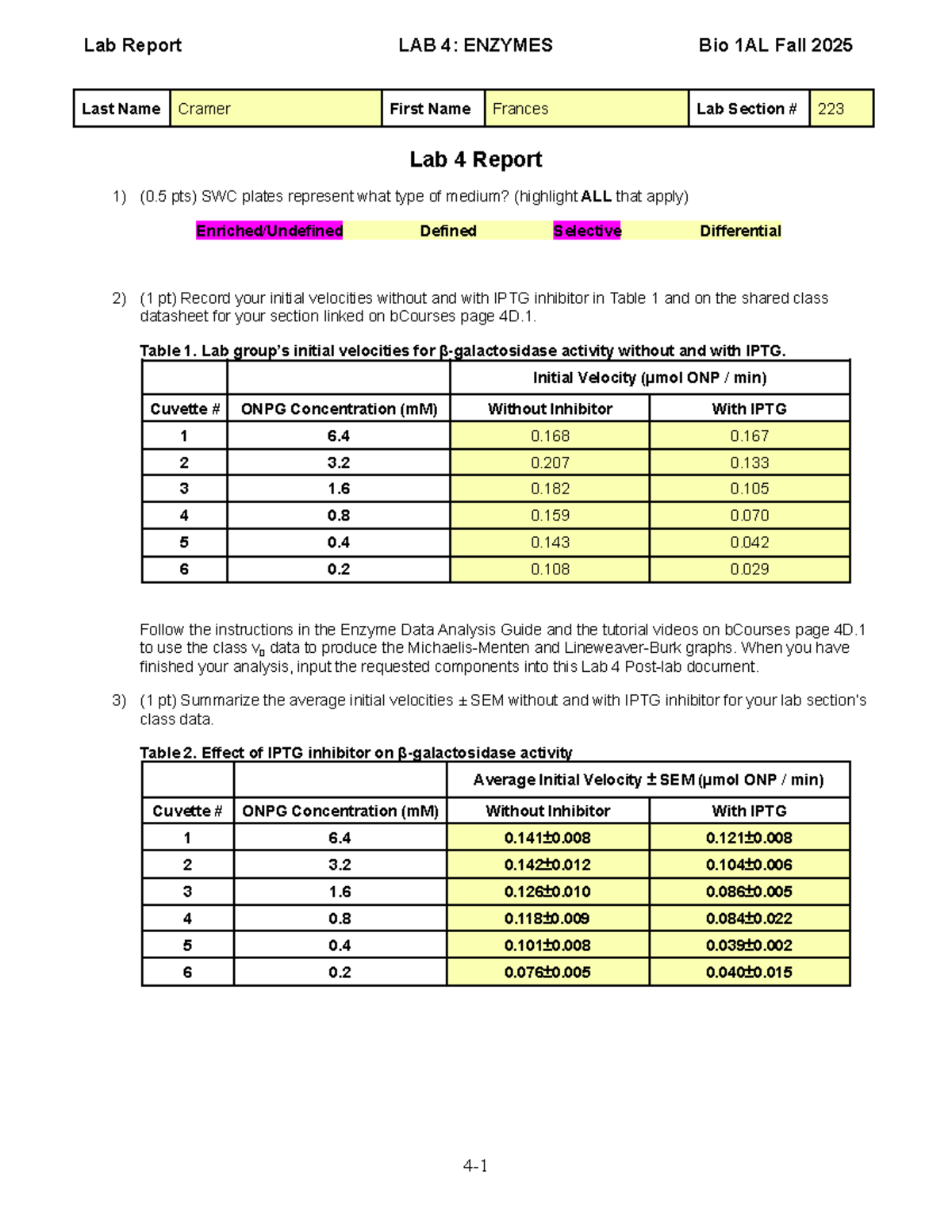 Lab 4 Report: Enzymes Analysis - Bio 1AL Fall 2025 - Studocu