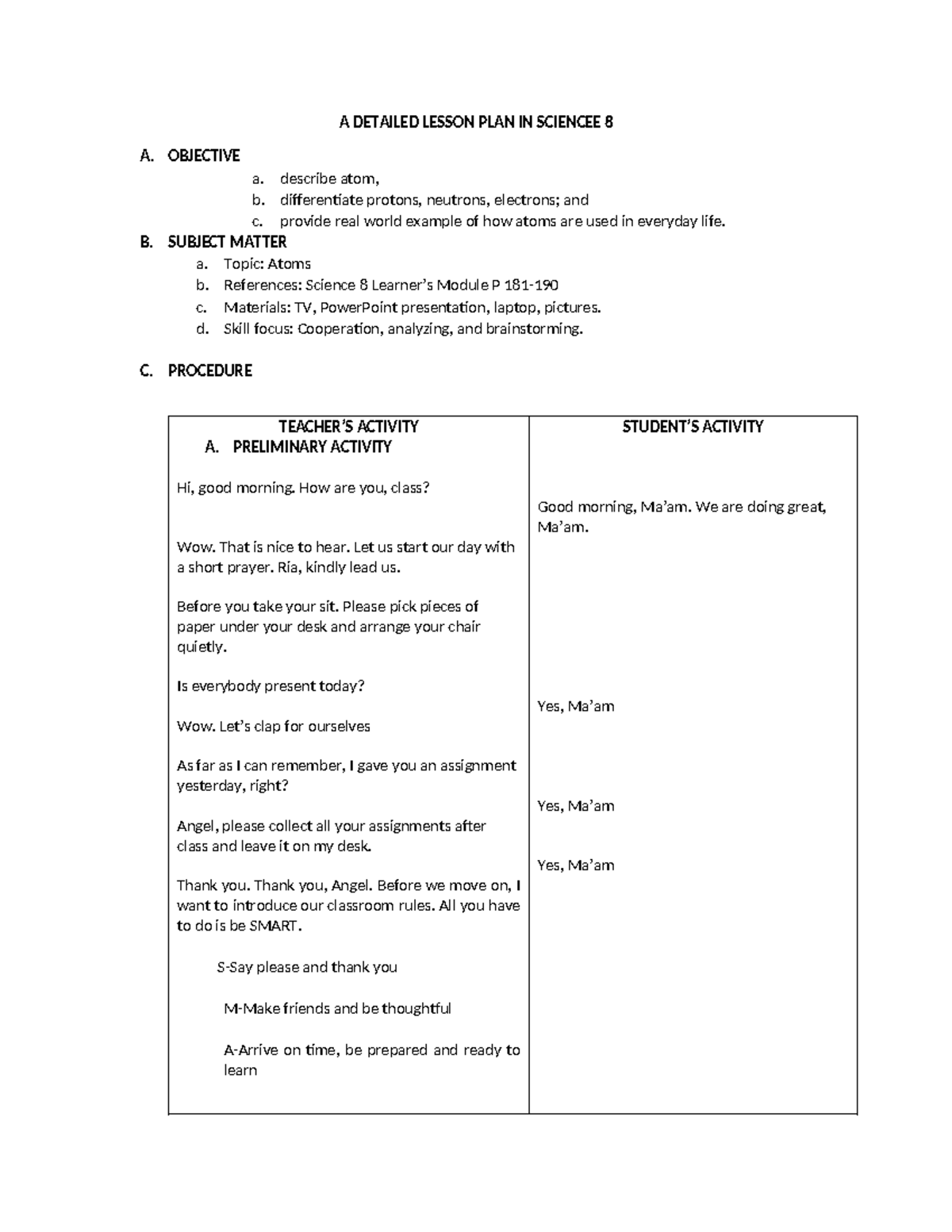 ATOM DETAILED LESSON PLAN (DLP) FOR SCIENCE 8: UNDERSTANDING ATOMS ...