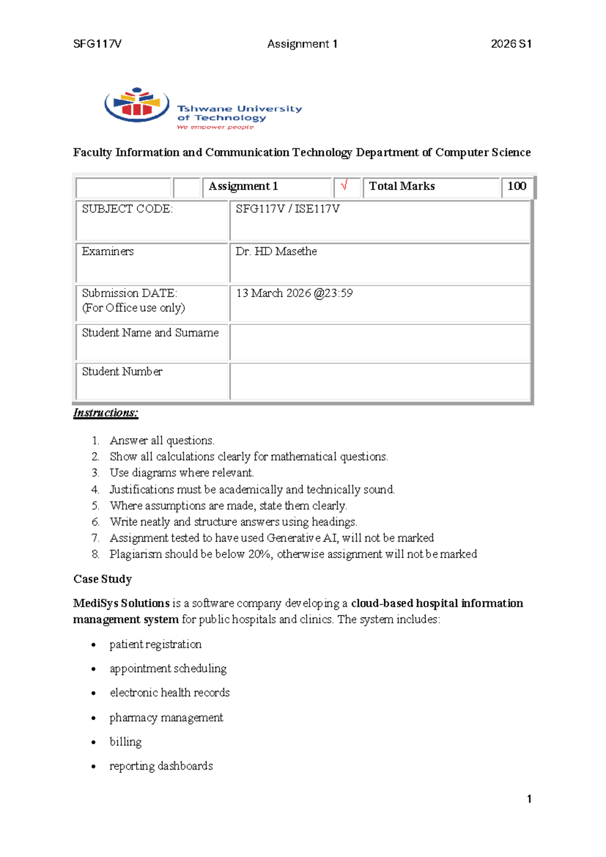 SFG117V Assignment 1 Memo 2026 S1: Software Process Improvement for ...