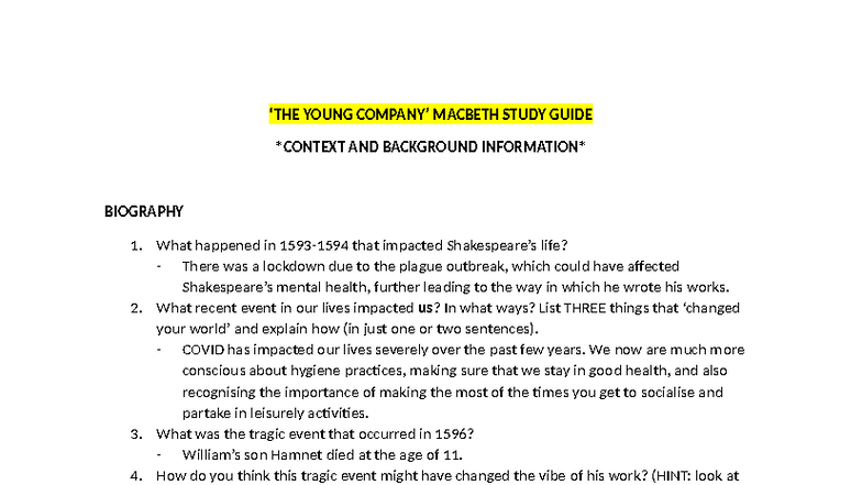 MACBETH 2025 CONTEXT BOOKLET STUDY GUIDE AND QUESTIONS - Studocu