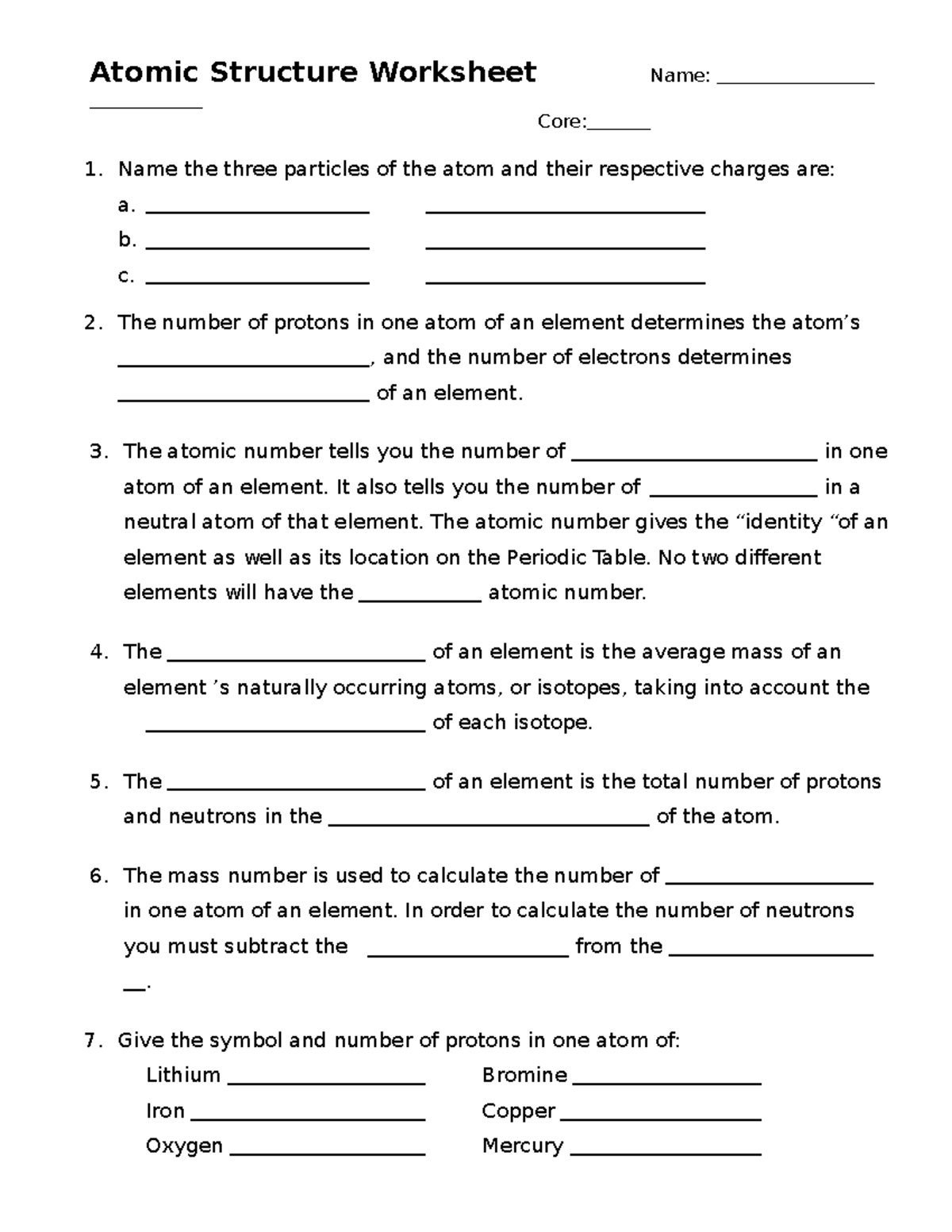 Atomic Structure Worksheet - b. c. The number of protons in one atom of ...