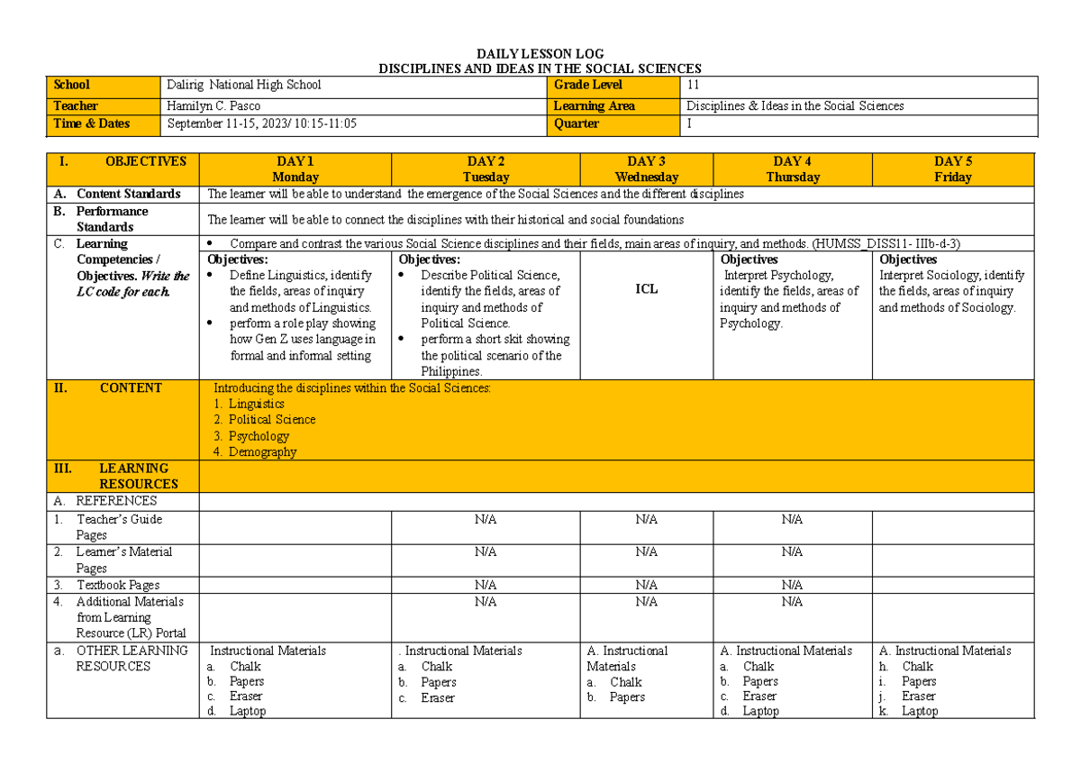 DLL DISS WEEK 3 - DISCIPLINES IN SOCIAL SCIENCES - Studocu