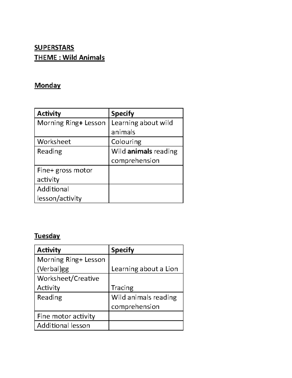 Wild Animals - LESSON PLAN for Week Activities - Studocu