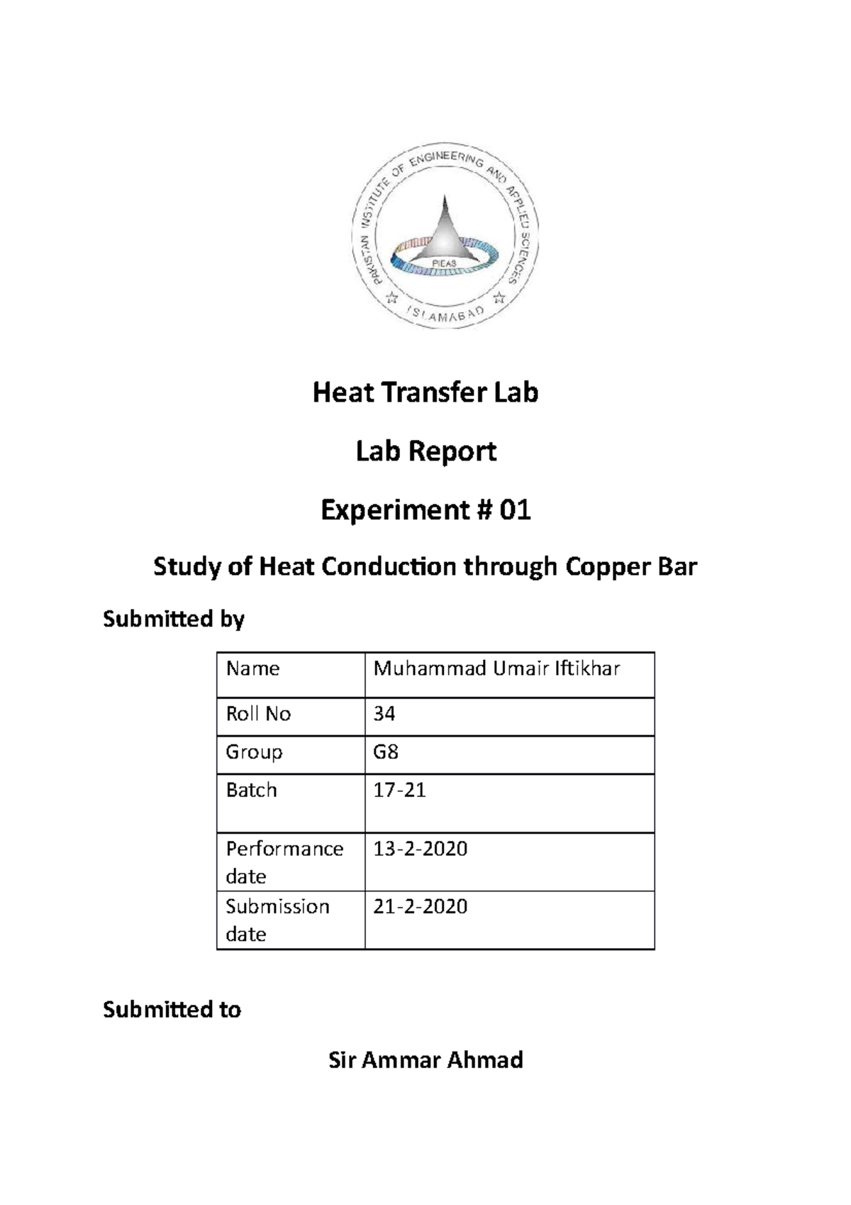 Ex 1 - assignment - Heat Transfer Lab Lab Report Experiment # 01 Study ...
