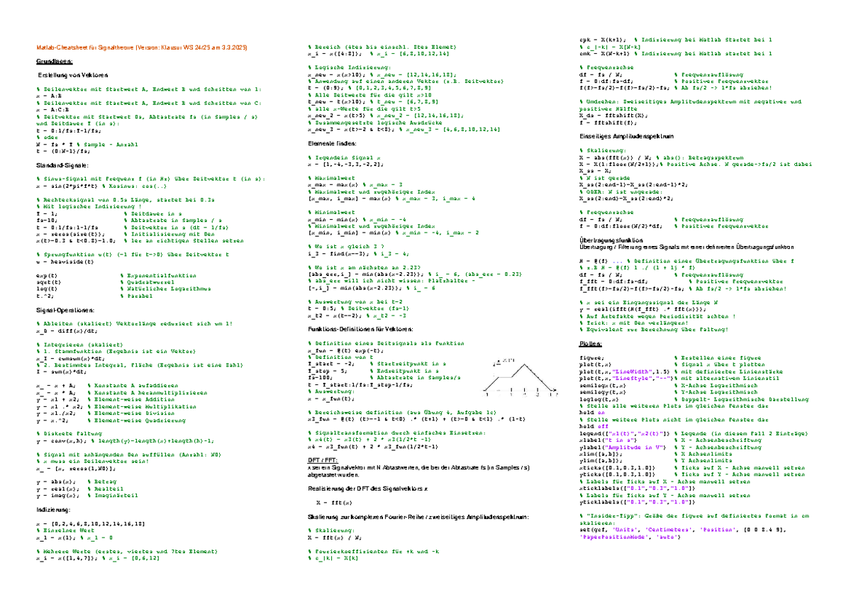 Matlab Cheatsheet für Signaltheorie: Endterm WS 2425 - Studocu