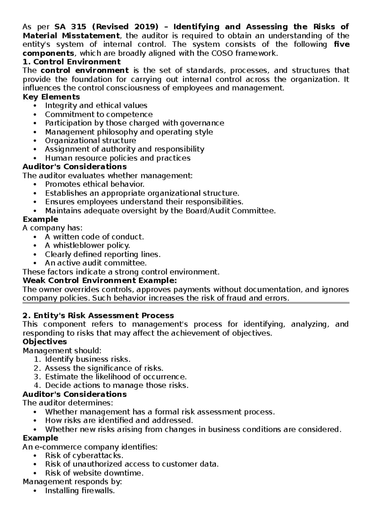AUDIT NOTES 315: Understanding Internal Control Components - Studocu