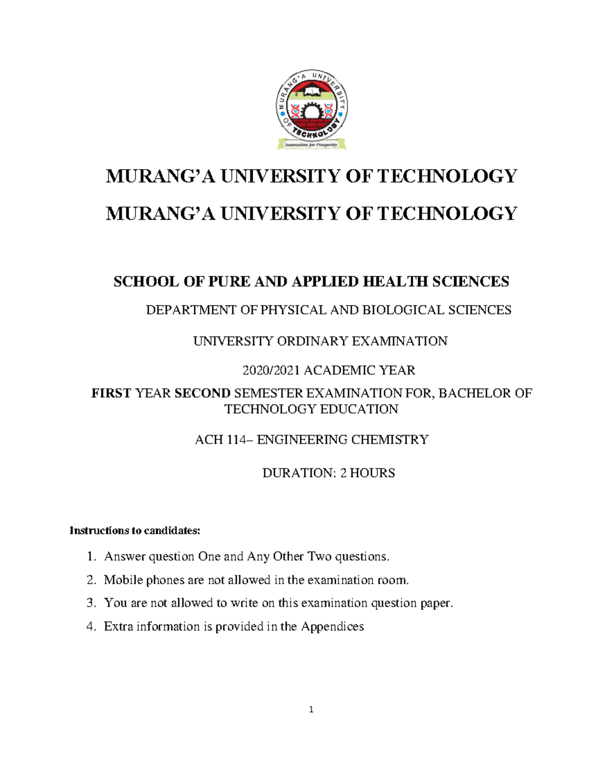 ACH 114 - Engineering Chemistry Ordinary Exam Questions and Guidelines ...