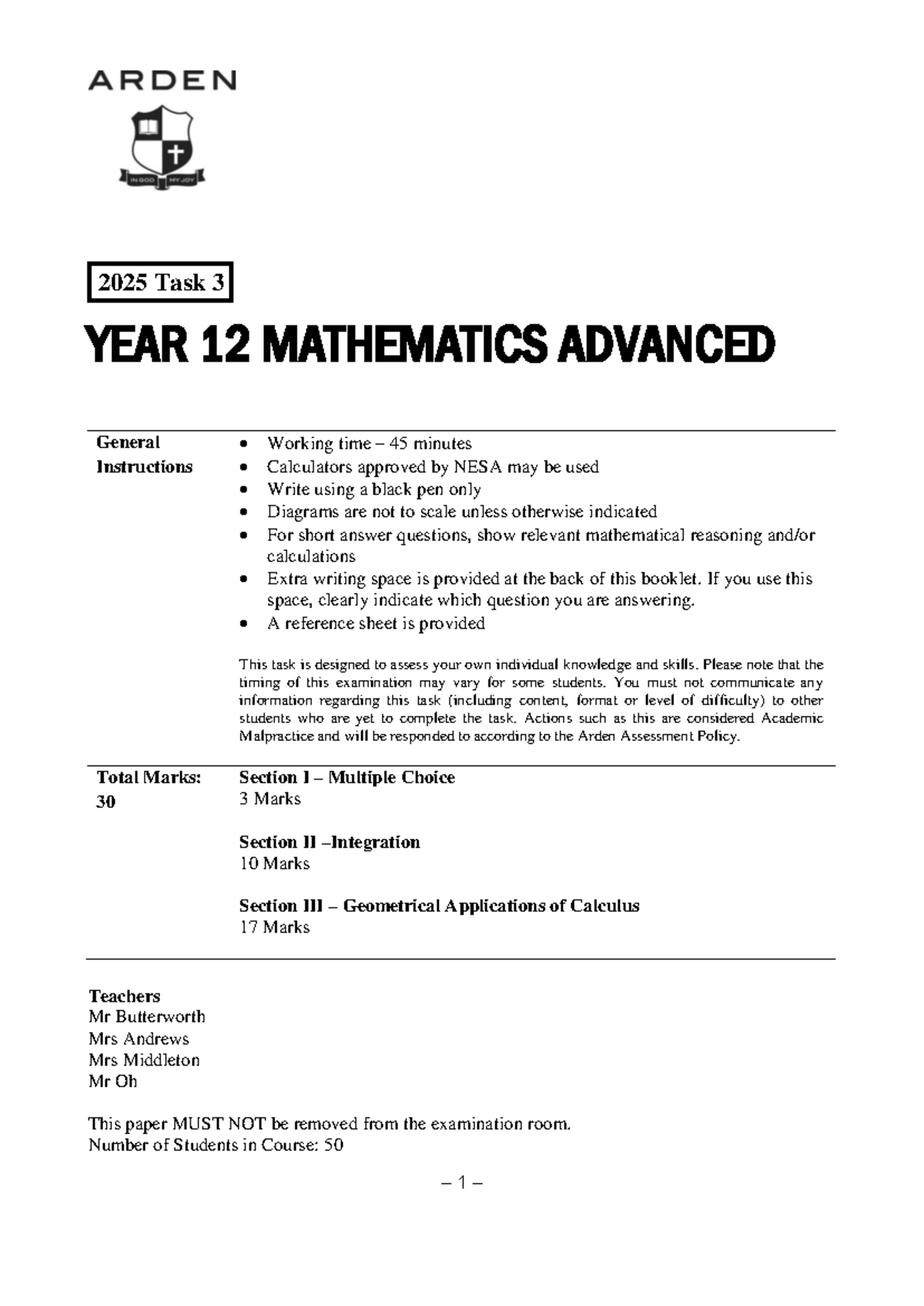 2025 Year 12 Mathematics Advanced Task 3 Exam Instructions - Studocu