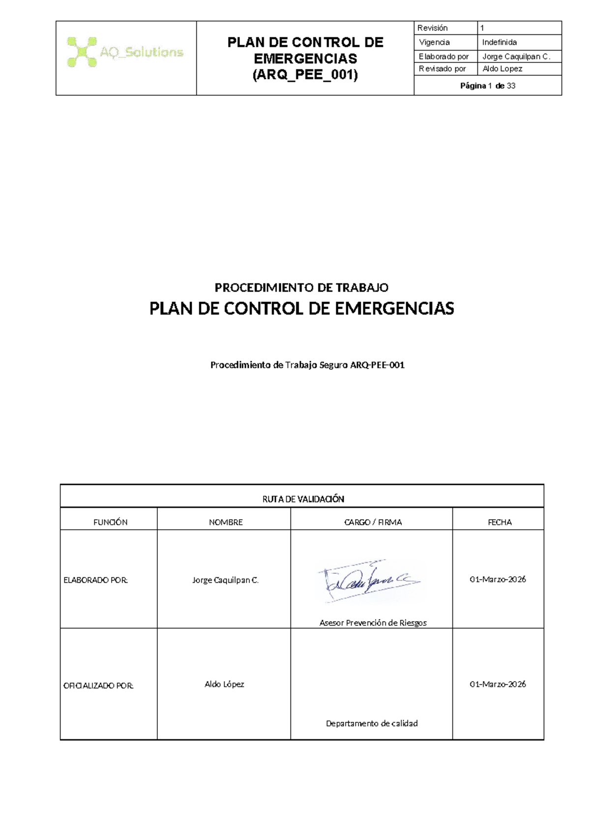 PLAN DE CONTROL DE EMERGENCIAS (ARQ_PEE_001) - Revisión 1 - Studocu