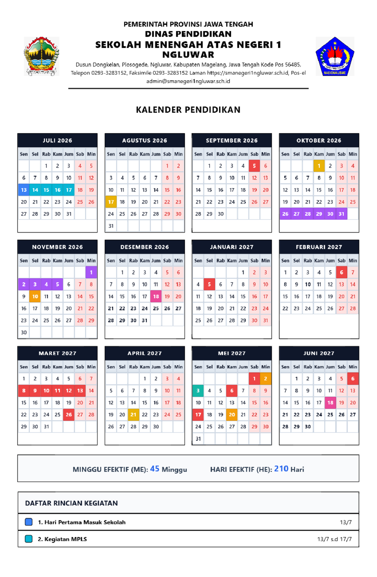 Kaldik SMA 1 Ngluwar 2026-2027: Kalender Pendidikan dan Kegiatan - Studocu