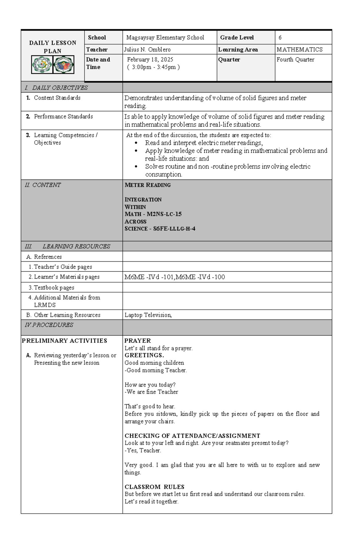 Dlpmathmeter - GOODS - DAILY LESSON PLAN School Magsaysay Elementary ...