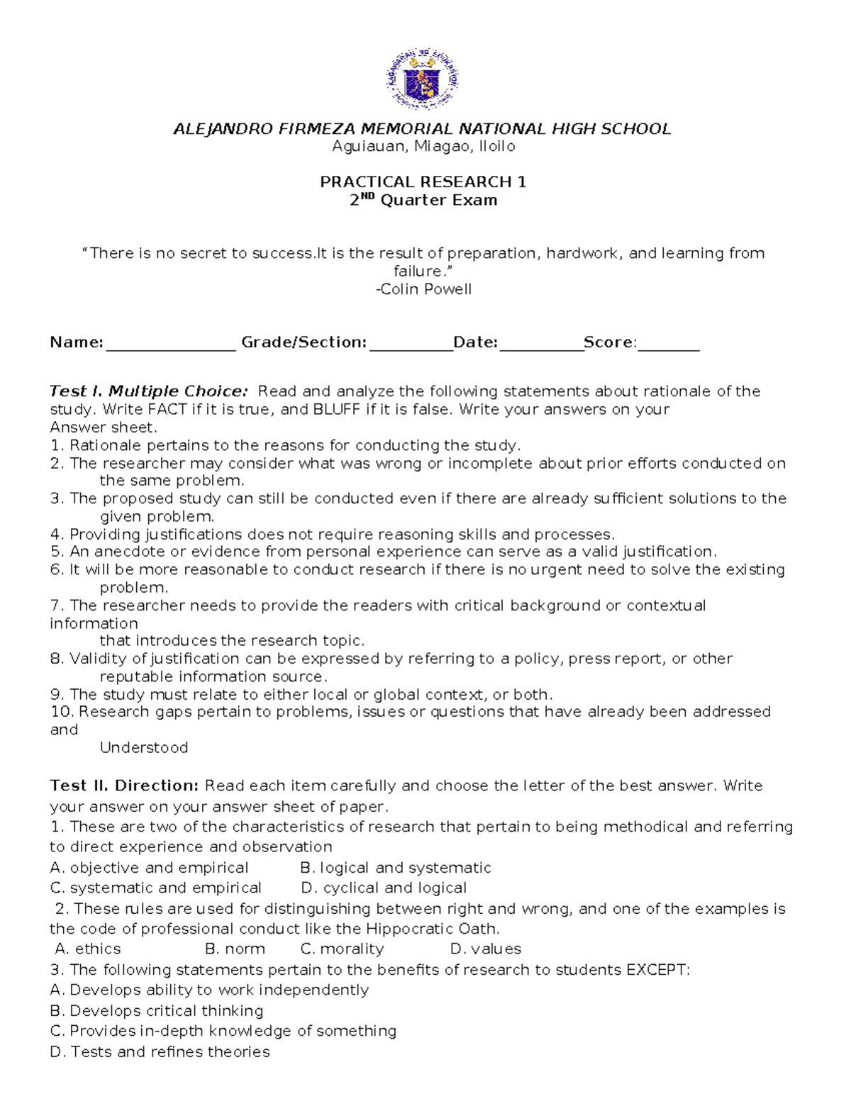Practical Research 1 Summative Exam 2nd Qtr 2023 Guide - Studocu