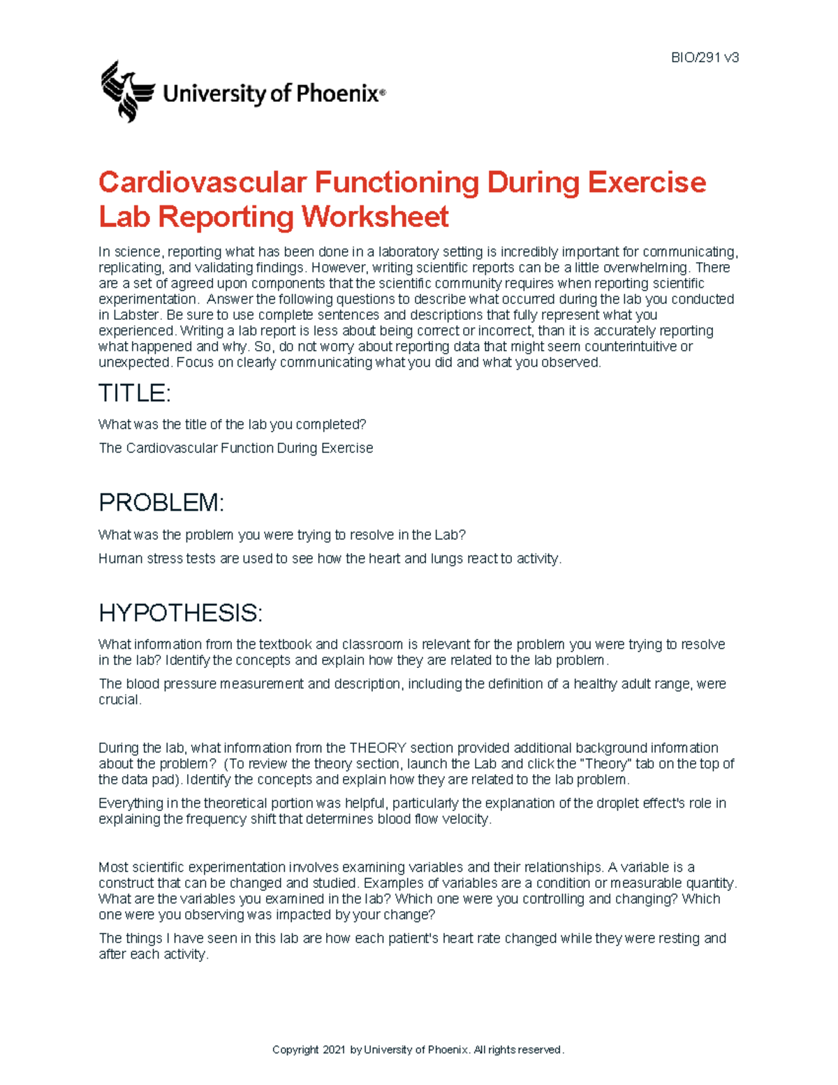 Bio291 v3 wk2 the cardiovascular functioning during exercise lab report ...