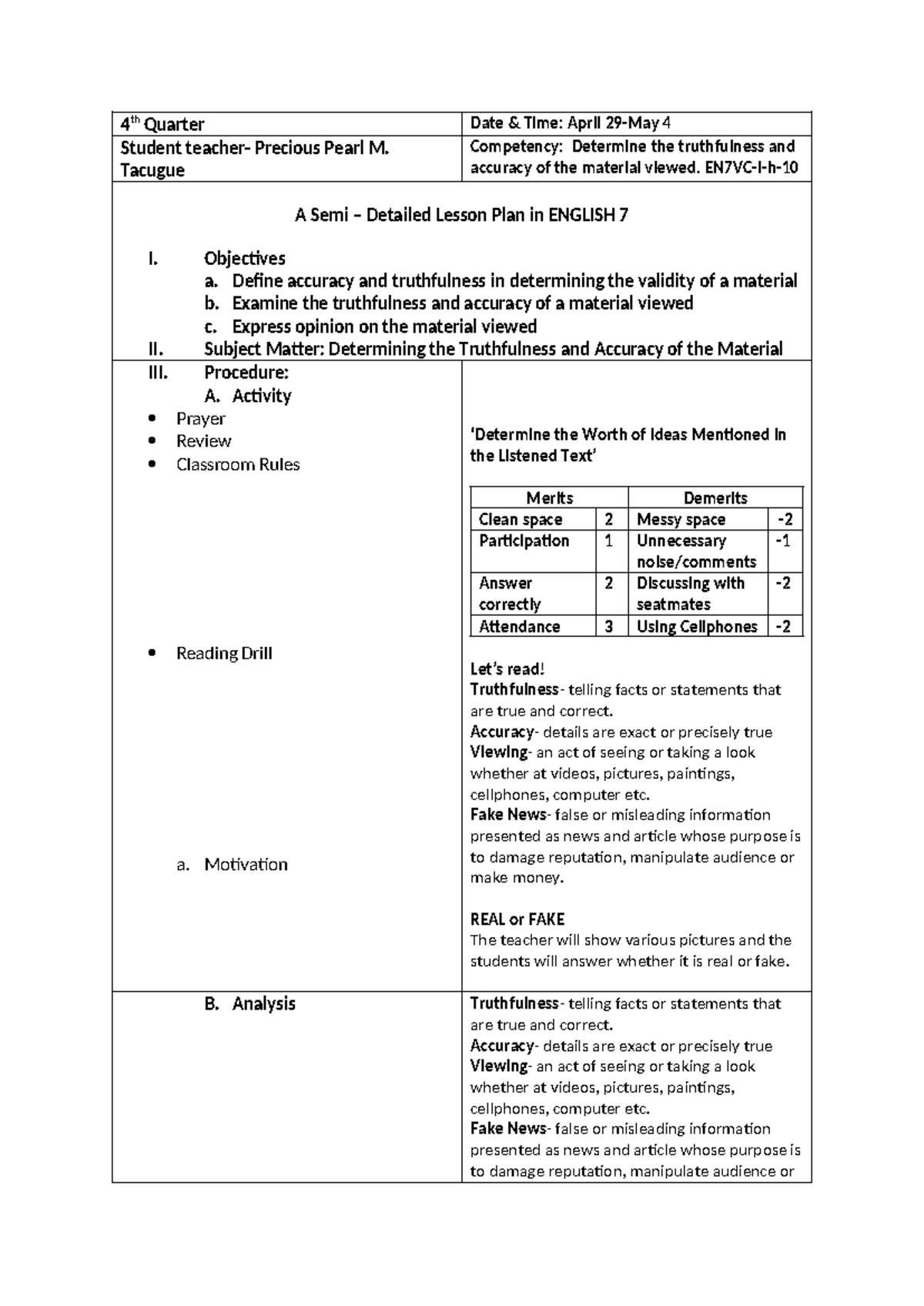 EN7 Lesson Plan: Evaluating Truthfulness & Accuracy in Materials - Studocu