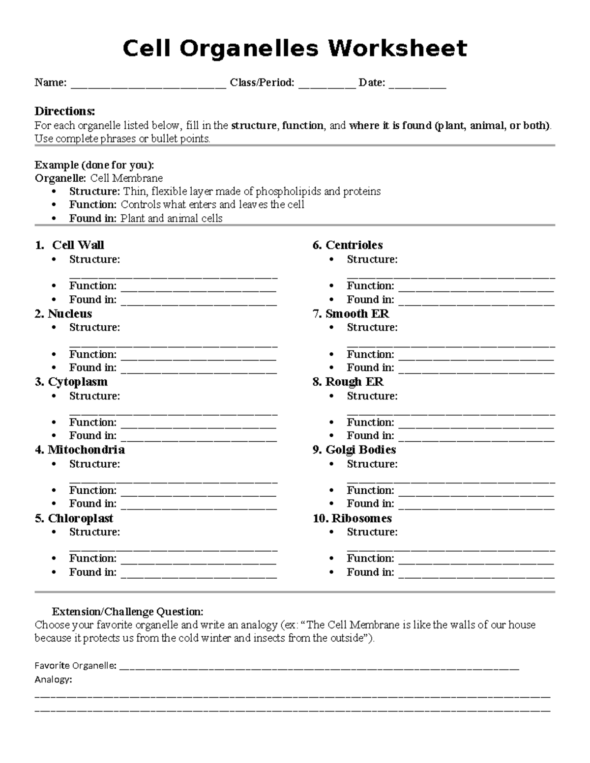 Cell Organelles Worksheet: Structure, Function, and Location - Studocu
