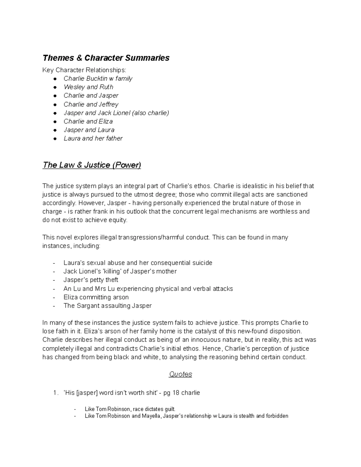 Jasper Jones Summary Notes - Themes & Character Summaries Key Character ...