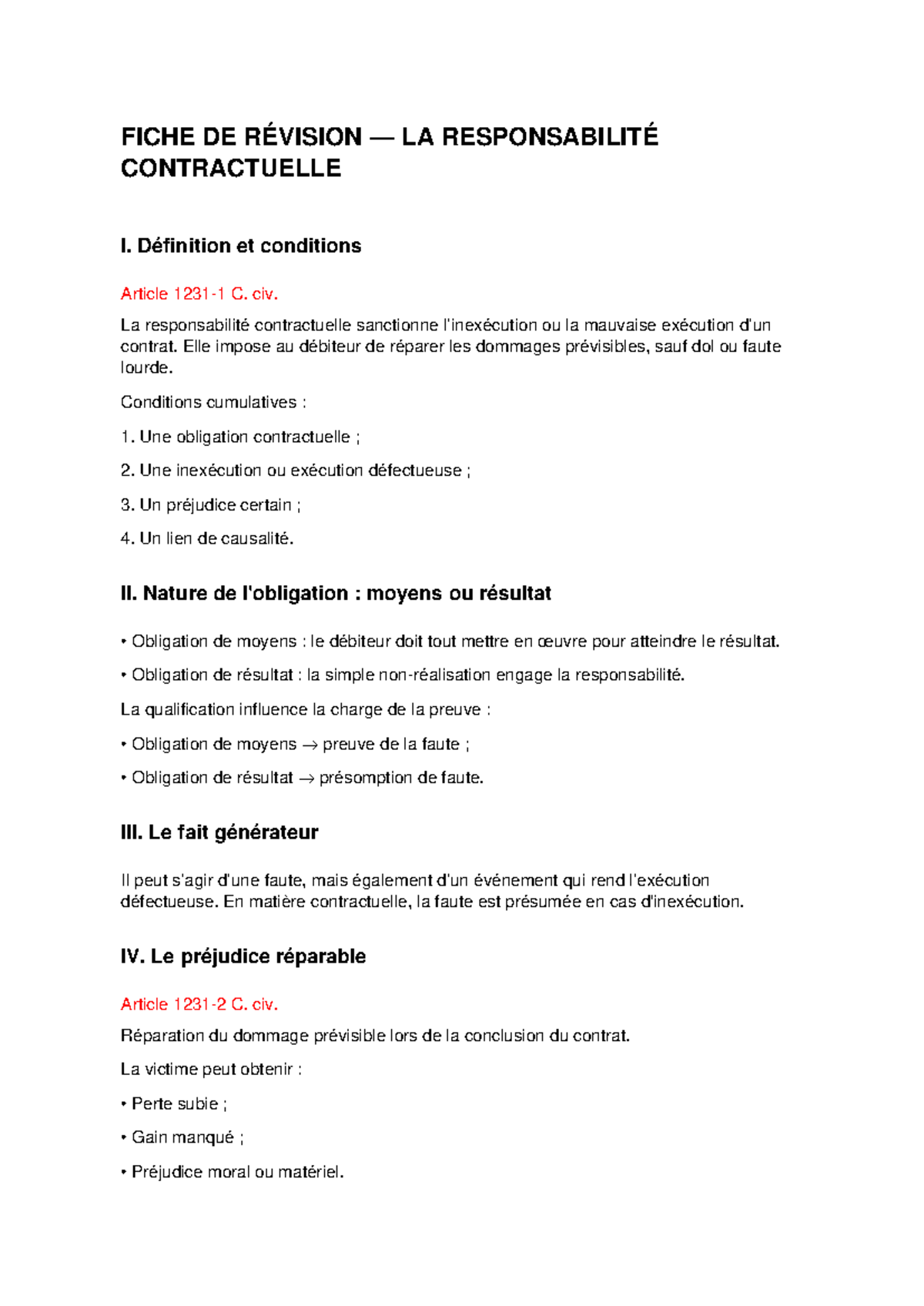 FICHE DE RÉVISION : RESPONSABILITÉ CONTRACTUELLE (Droit) - Studocu