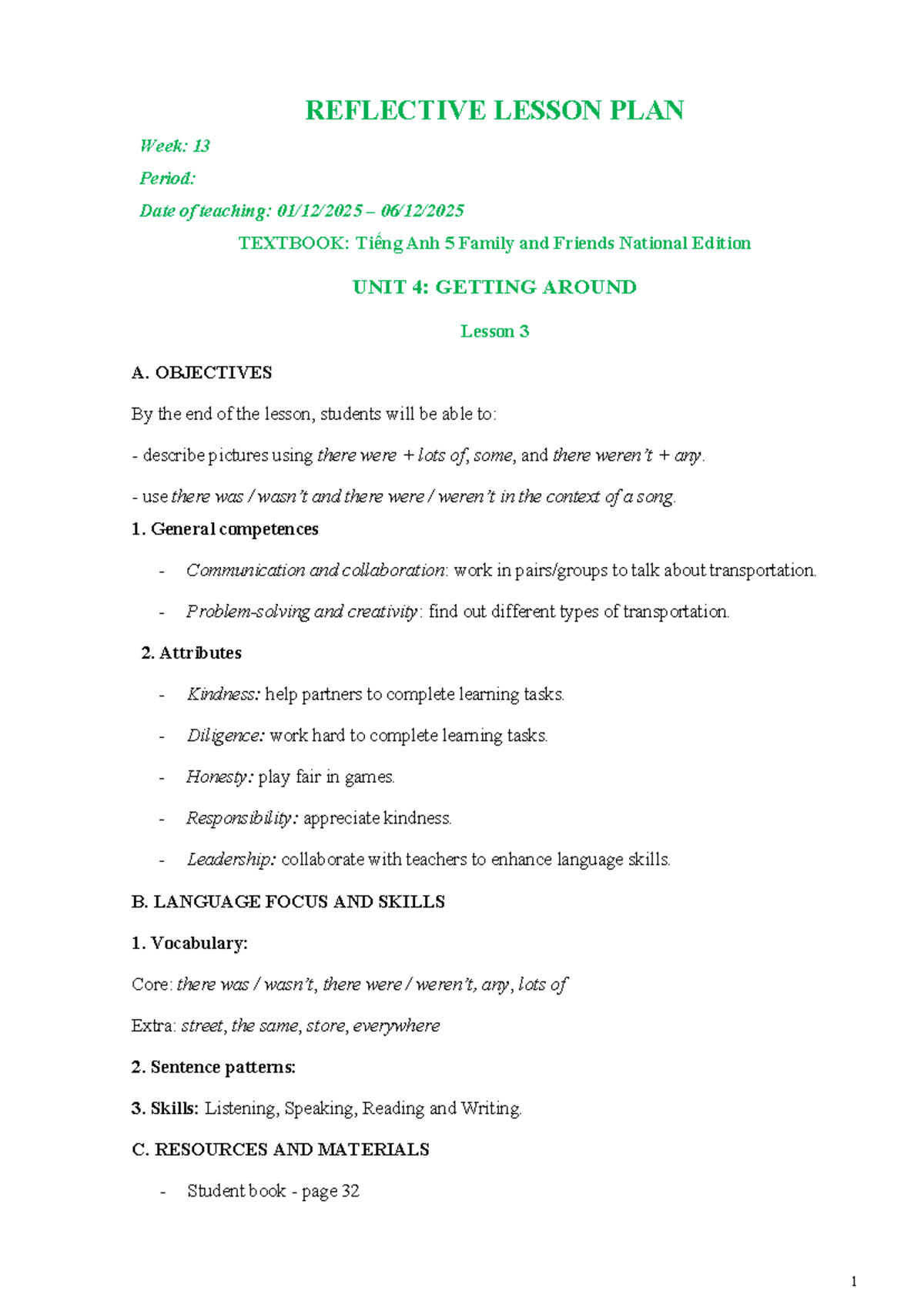 REFLECTIVE LESSON PLAN Tiếng Anh 5 - Week 13: Getting Around - Studocu