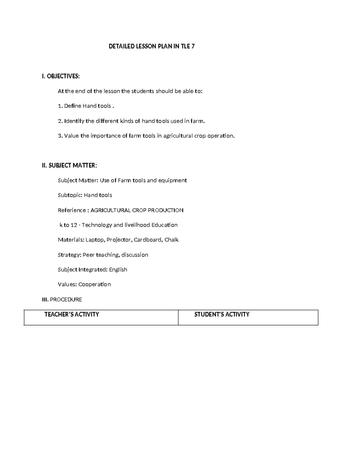 Detailed Lesson Plan on Hand Tools in TLE 7 - Studocu