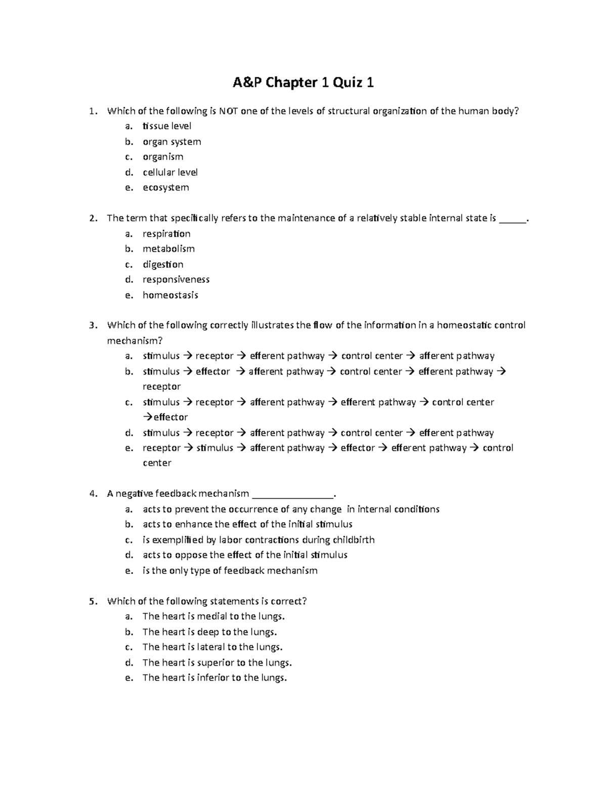 A&P Chapter 1 Quiz 1: Structure & Function Basics in Anatomy - Studocu