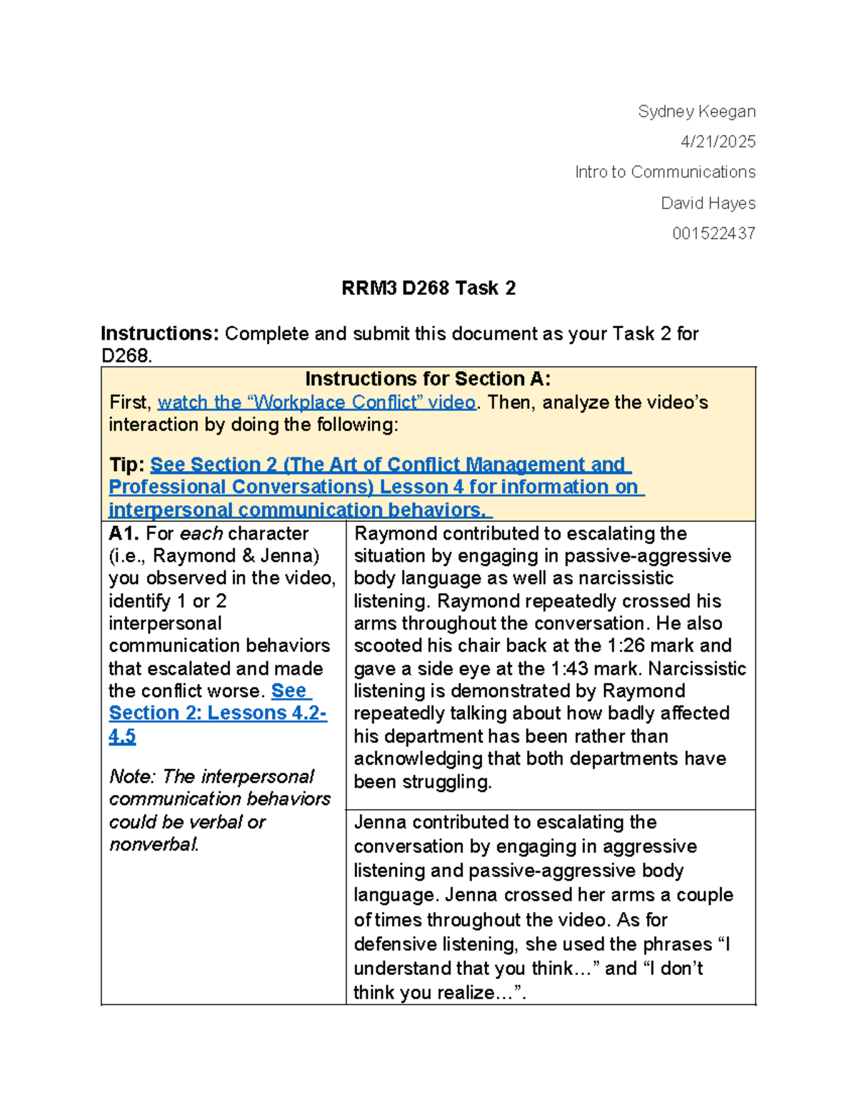RRM3 D268 Task 2 - Analyzing Interpersonal Communication in Conflict ...