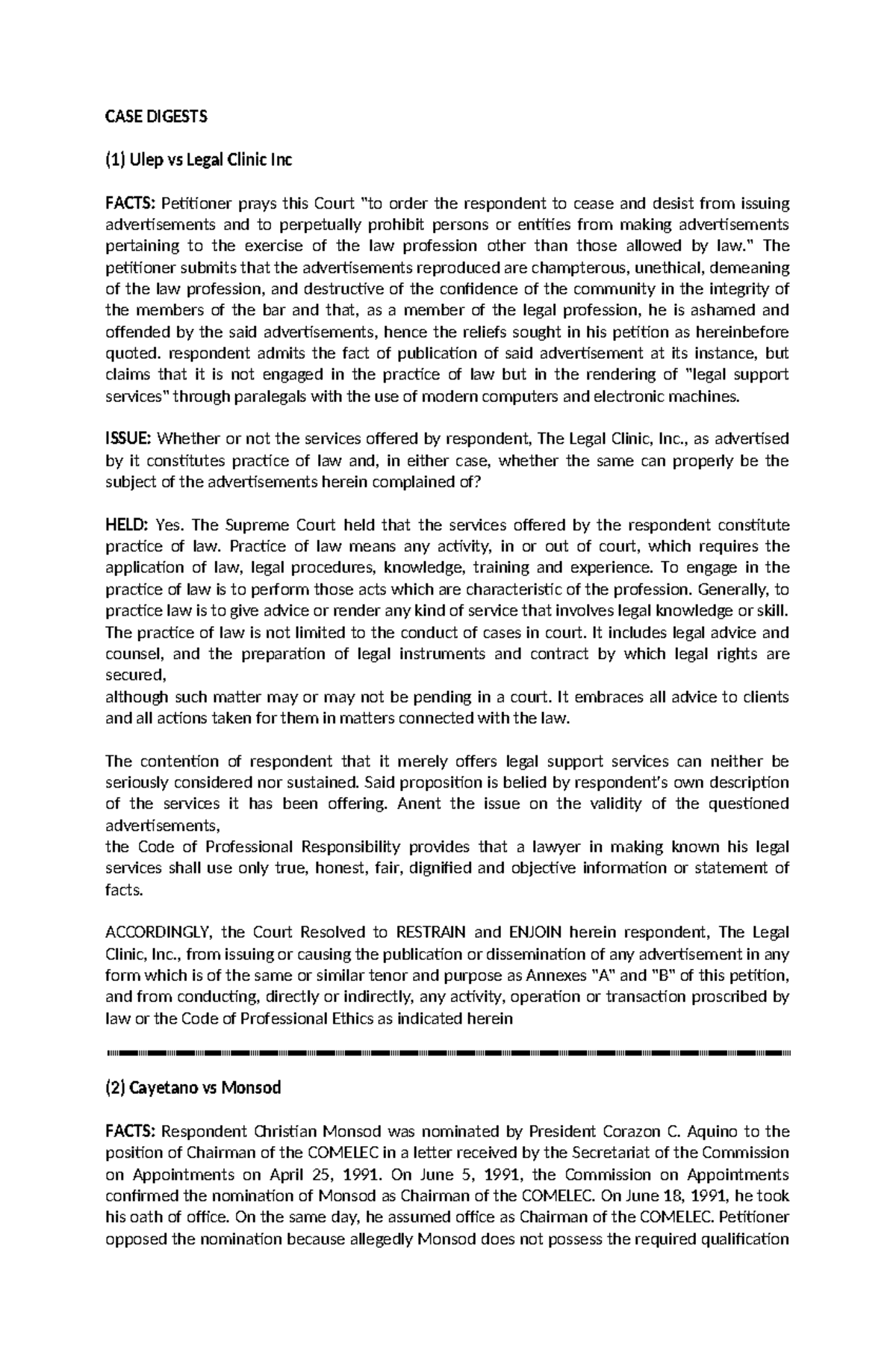 CASE DIGESTS (1) on Legal Ethics: Ulep vs Legal Clinic Inc & Others ...