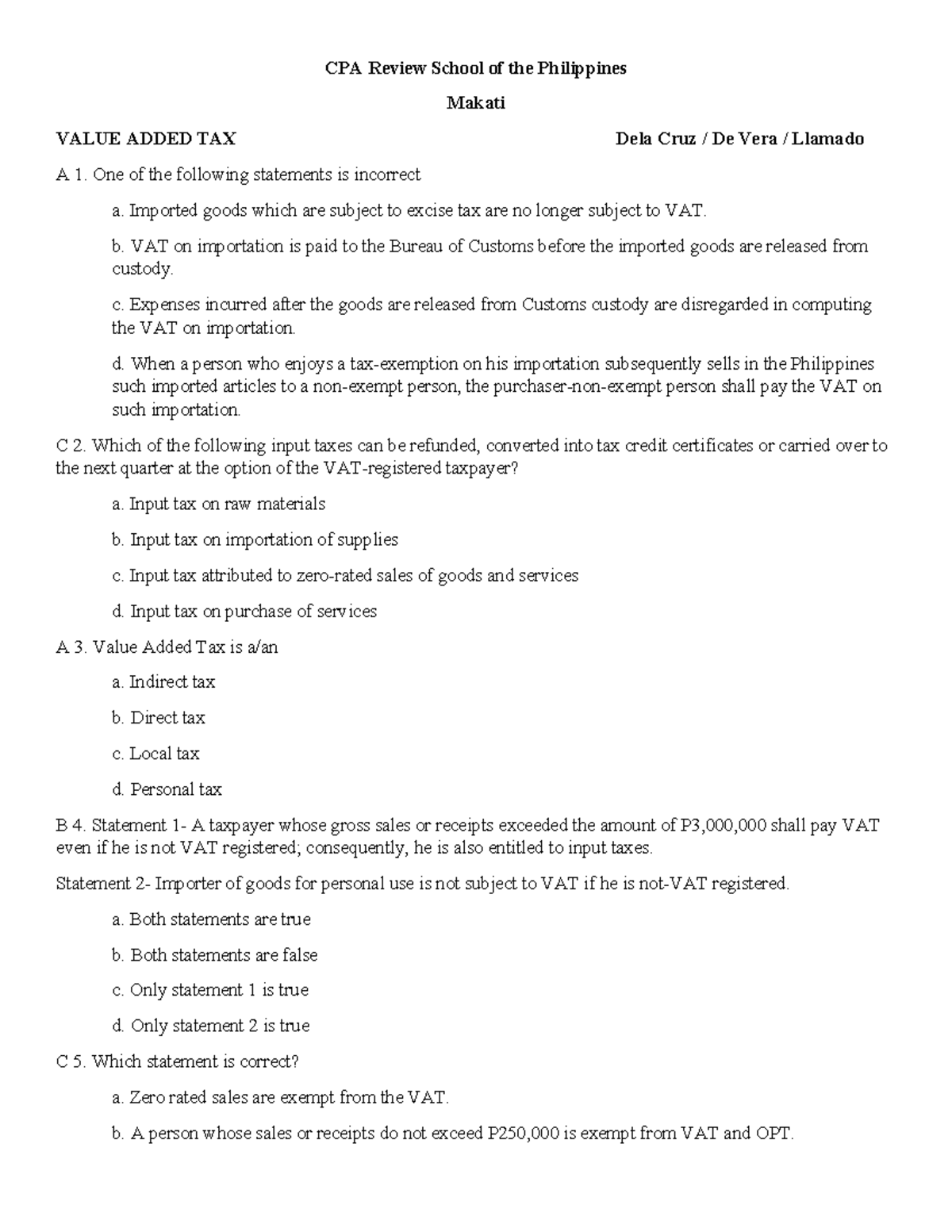 CPA 101: Value Added Tax (VAT) Practical Review Materials - Studocu
