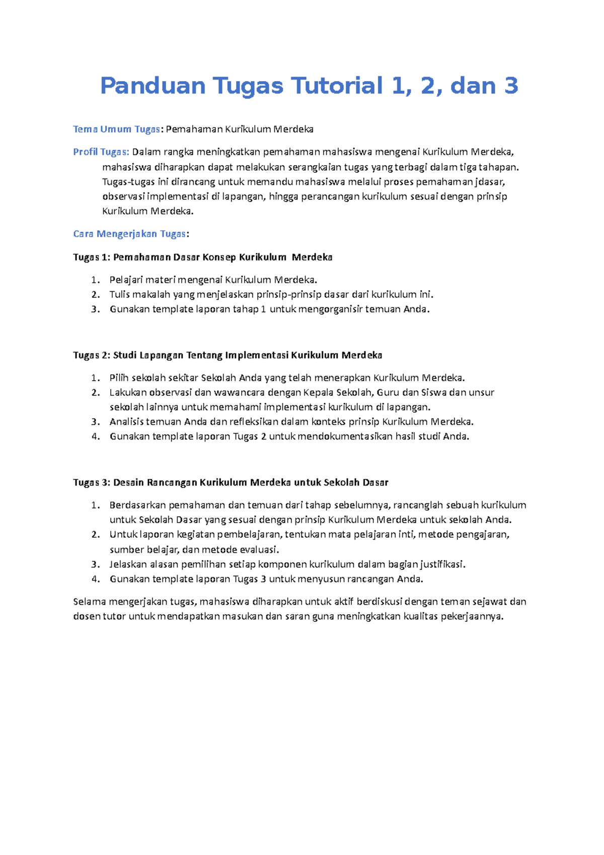 Panduan Tugas Tutorial Kurikulum Merdeka (Tuton 1, 2 & 3) - Studocu
