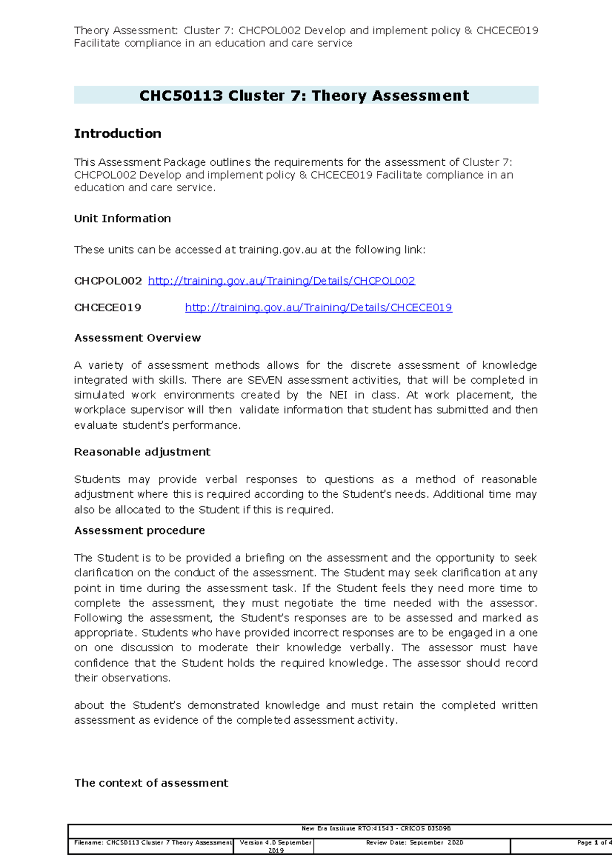 CHC50113 Cluster 7: Theory Assessment on Policy Development ...