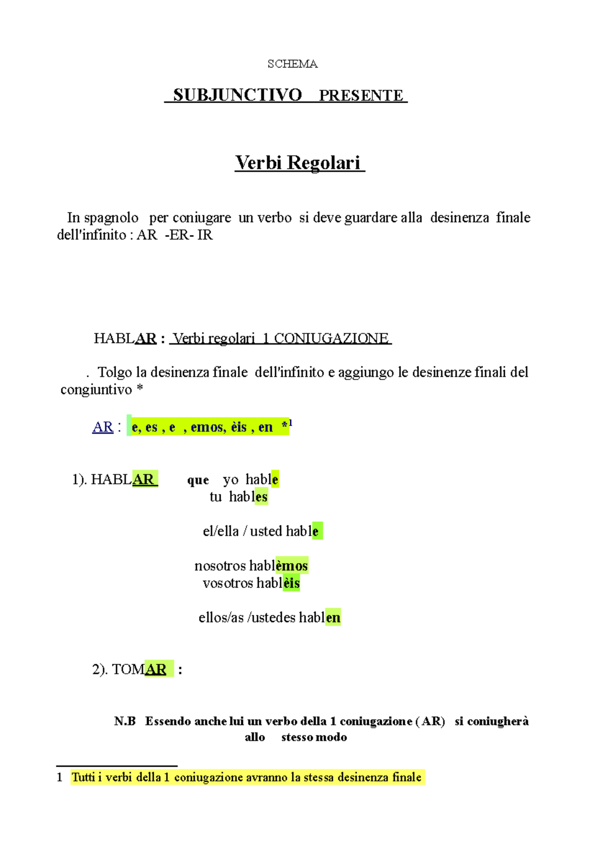 SCHEMA: Congiuntivo Presente dei Verbi Regolari e Irregolari - Studocu