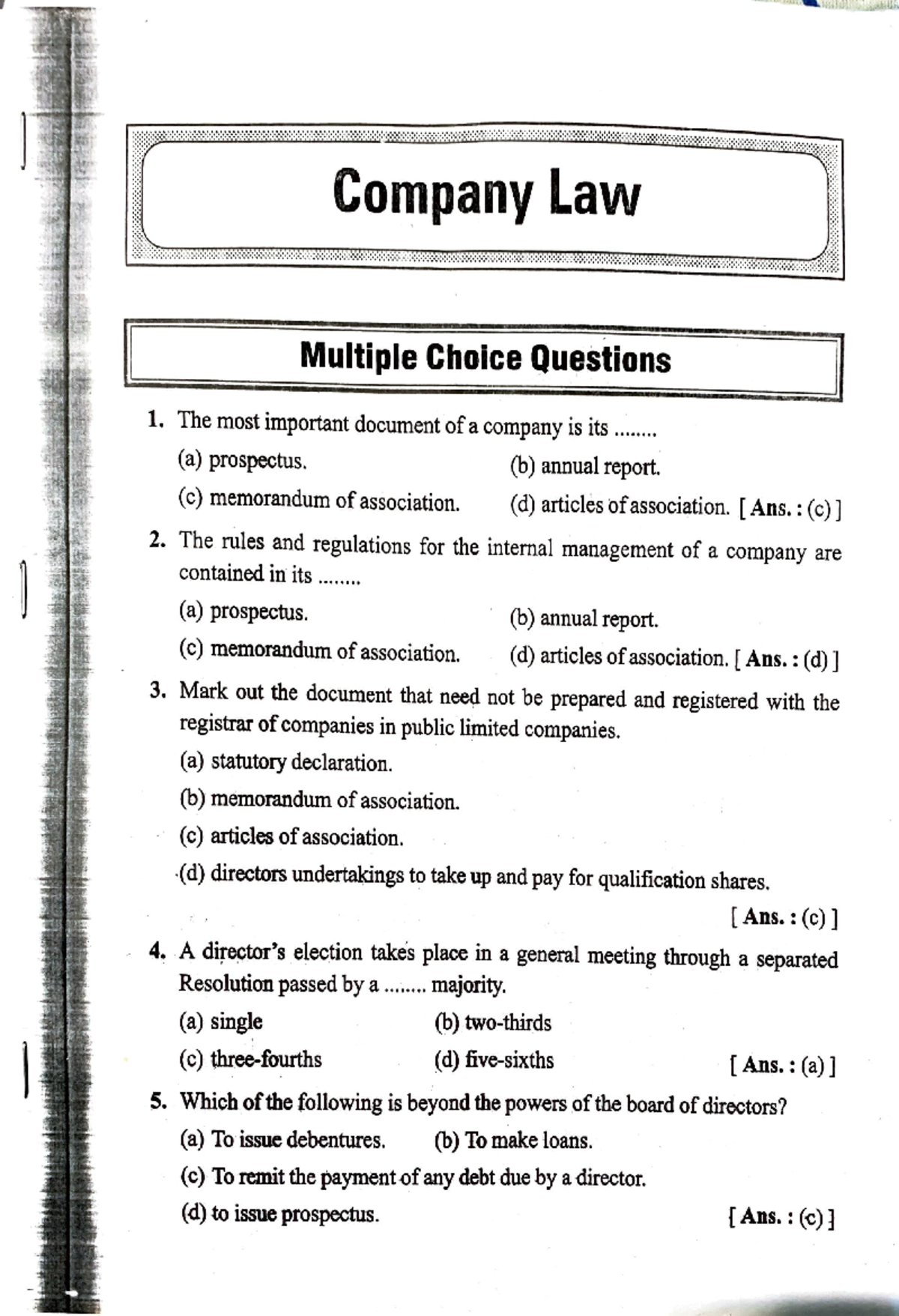 Company law and easy mcq with lecture notes - r II Company Law Multiple ...
