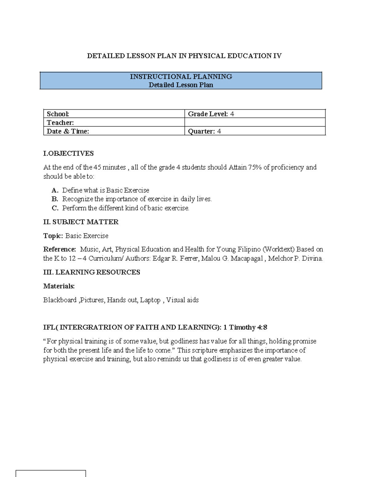 DLP PE 4 - Comprehensive Lesson Plan on Basic Exercises - Studocu