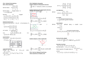 MA1511 Cheat Sheet - MA1511 Engineering Calculus compiled Elston 2 Partial Derivatives 3 ...