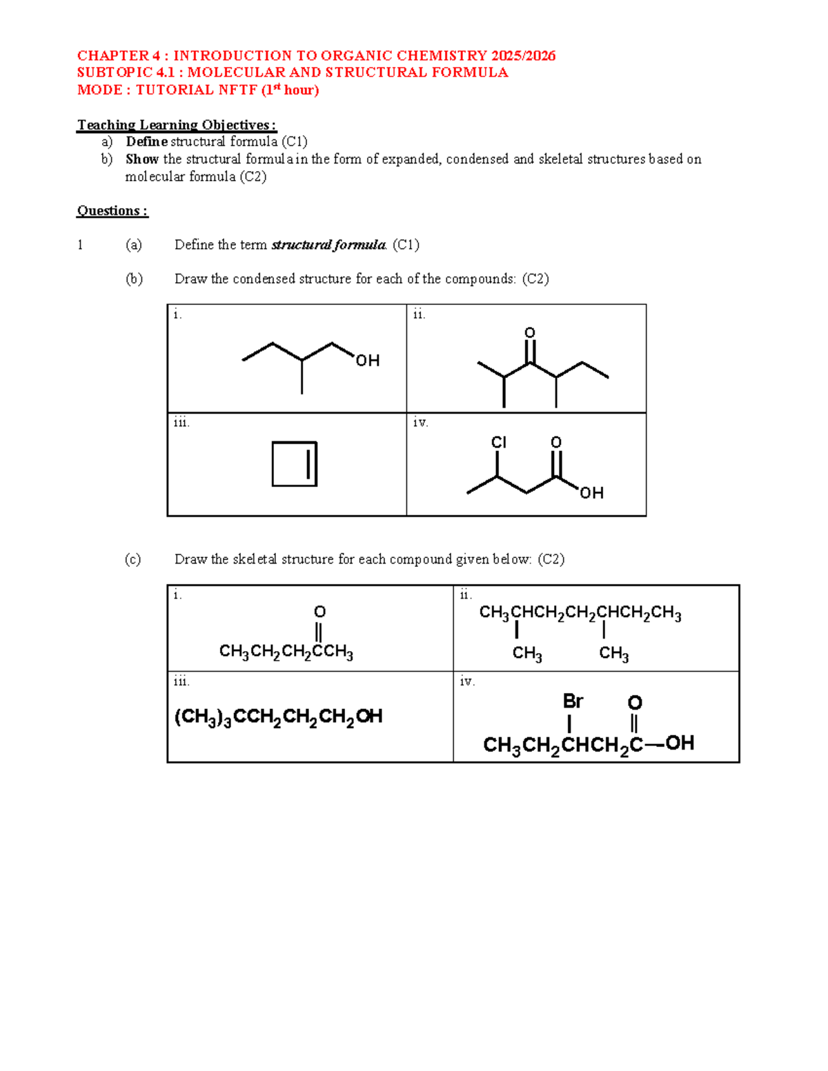 CHAPTER 4: TUTORIAL ON ORGANIC CHEMISTRY - MOLECULAR FORMULAS ...