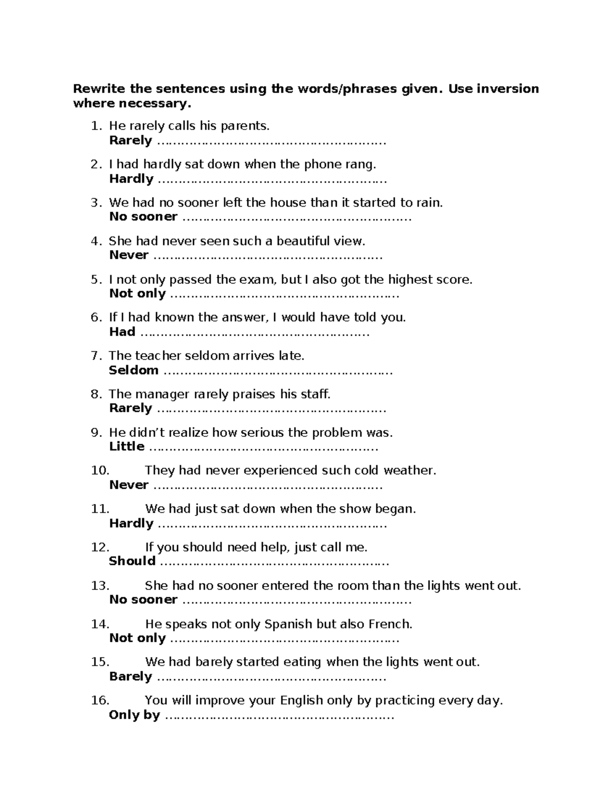 Inversion Practice Sentences for English Grammar - Studocu