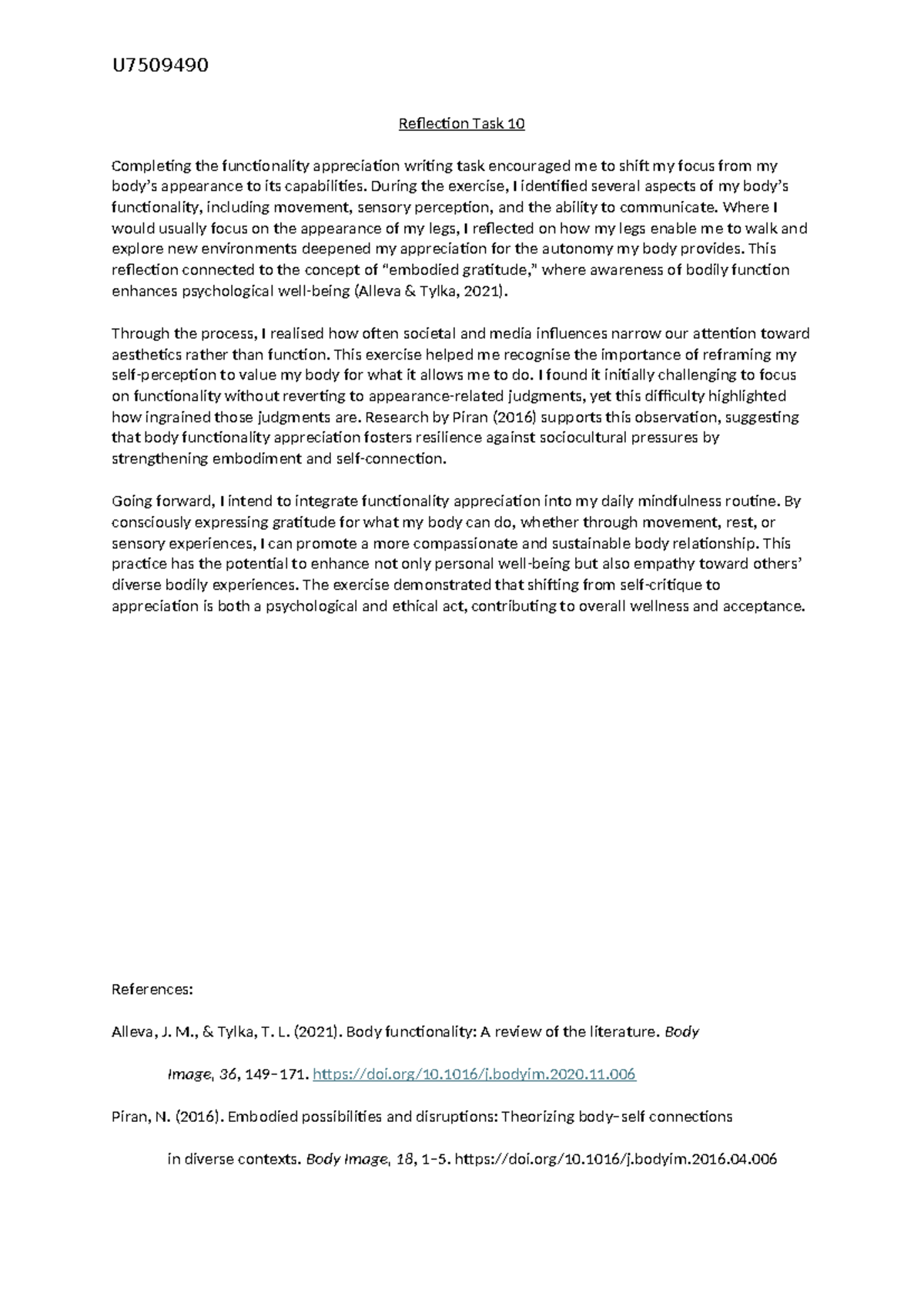 U7509490 Reflection Task 10: Appreciating Body Functionality - Studocu