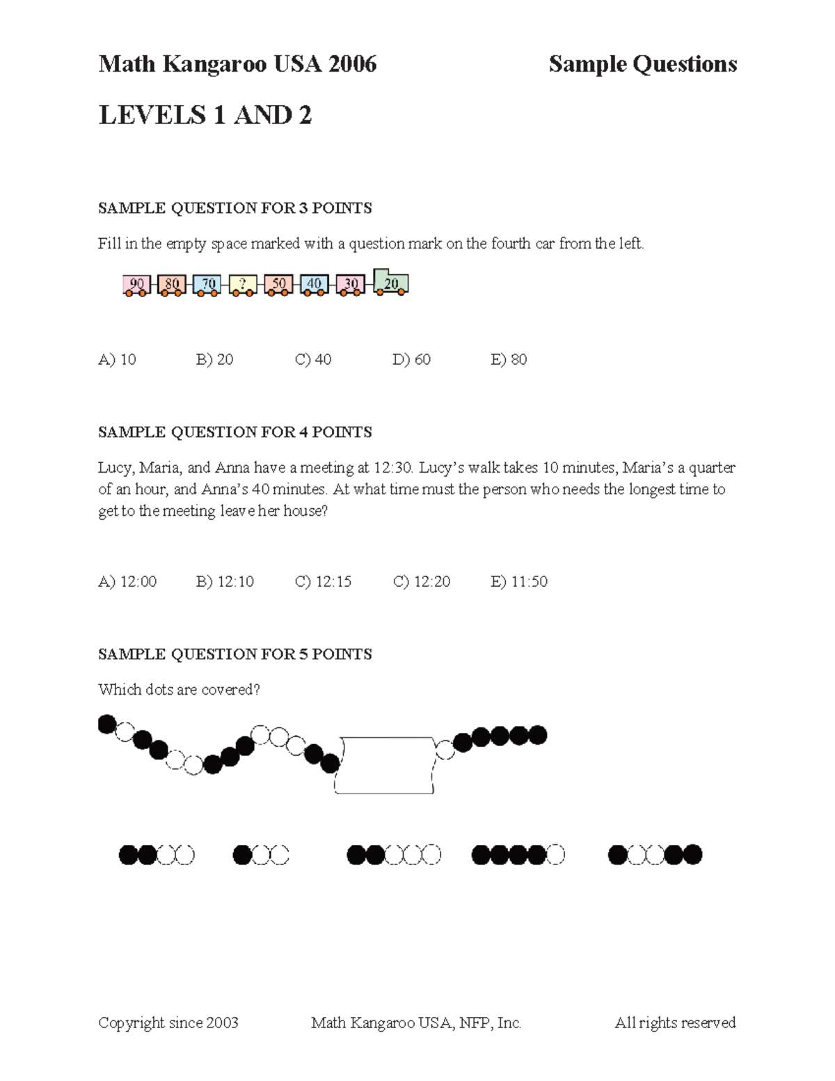 Math Kangaroo USA 2006 Sample Questions for Levels 1-12 - Studocu