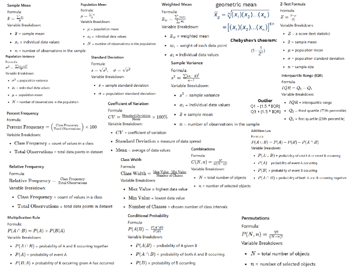 Ban exam 2 cheat sheet - BAN 001 - geometric mean Outlier Q1 – (1 * IQR) Q3 + (1 * IQR ...