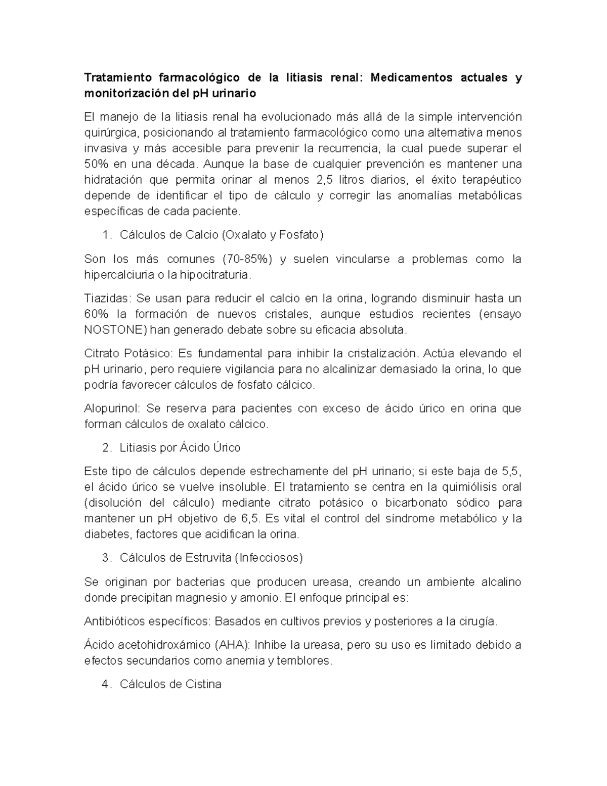 Resumen: Tratamiento Farmacológico de Litiasis Renal y pH Urinario ...