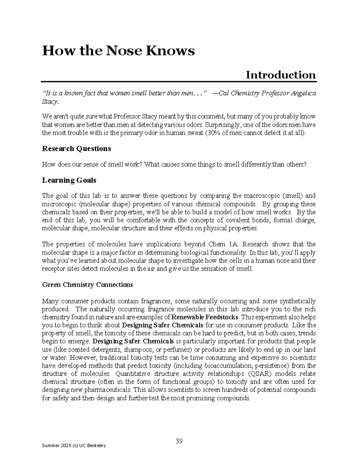 Lab 2 Manual: Understanding Smell Through Molecular Models (Chem 1A ...