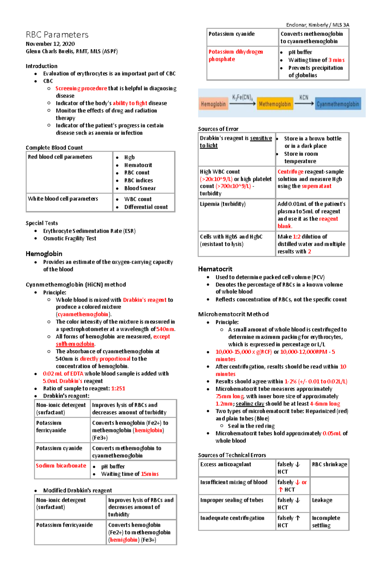 RBC Parameters Overview - MLS 3A Final Exam Notes - Studocu