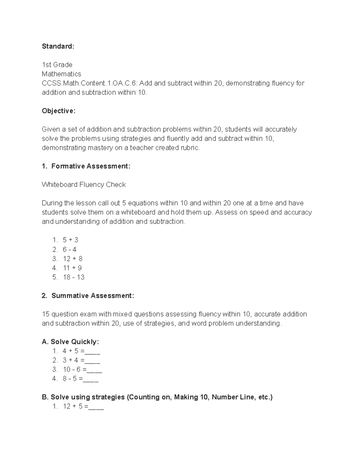 D638 Task 2 - Formative & Summative Assessments for 1st Grade Math ...