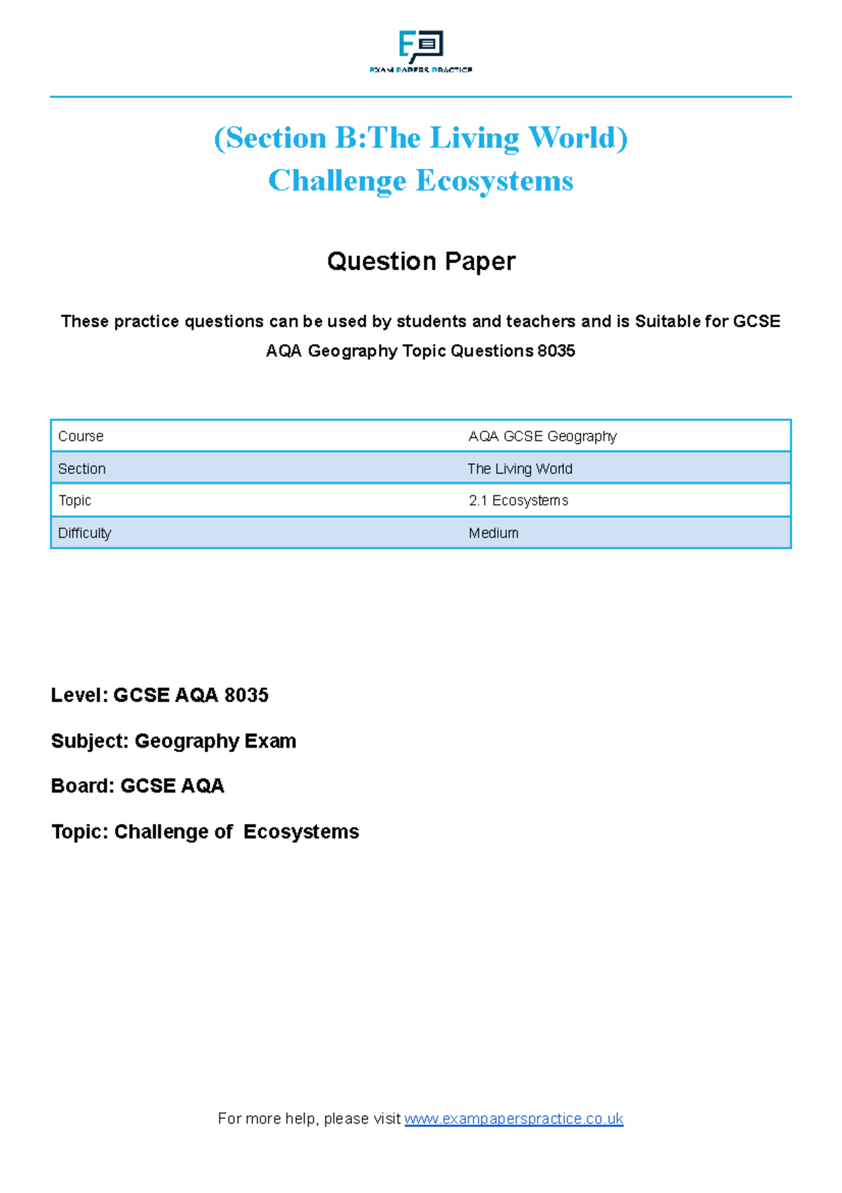 AQA GCSE Geography 8035: Challenge of Ecosystems Question Paper - Studocu