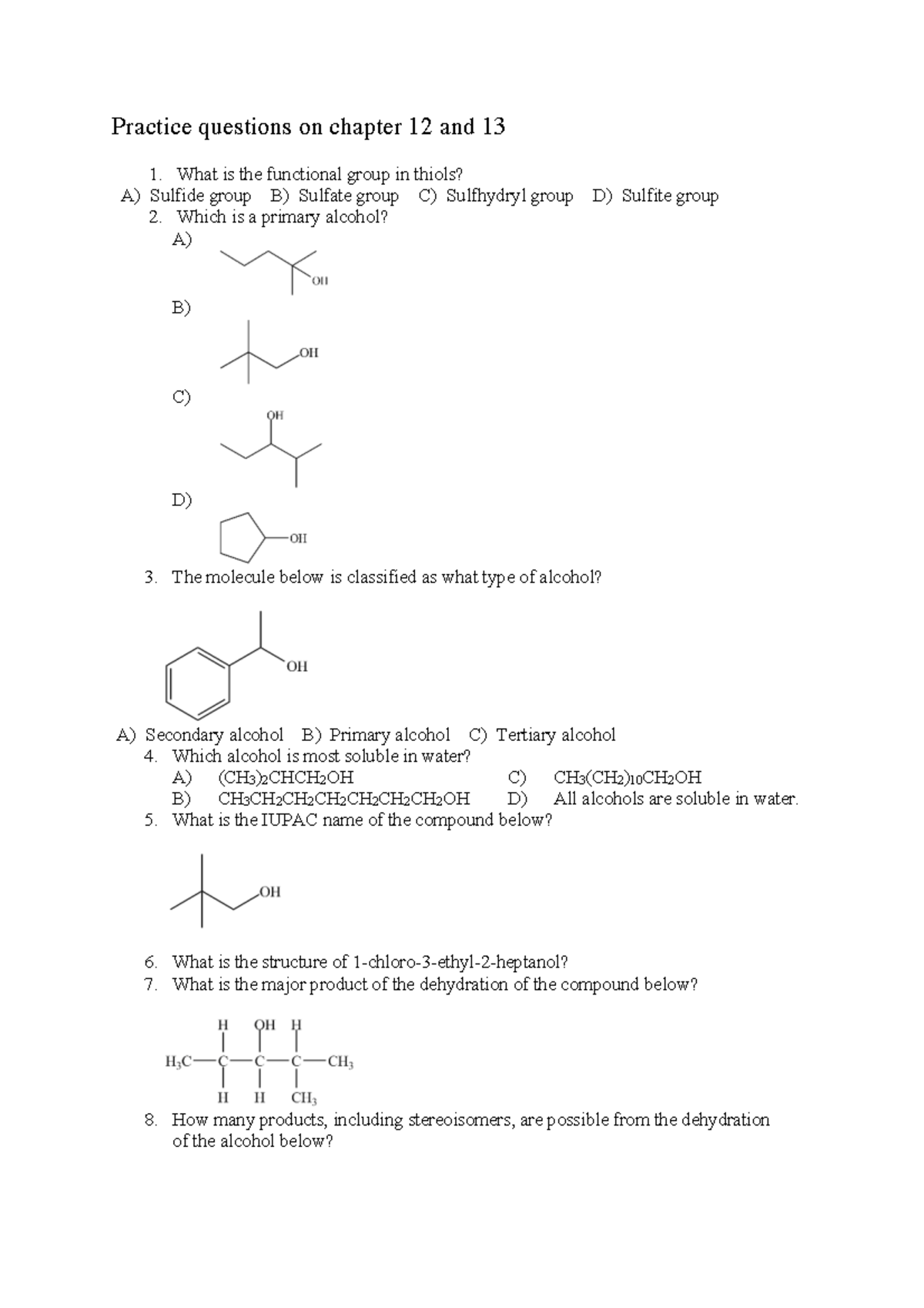 Chapter 12 & 13 Practice Questions - Organic Chemistry Review - Studocu