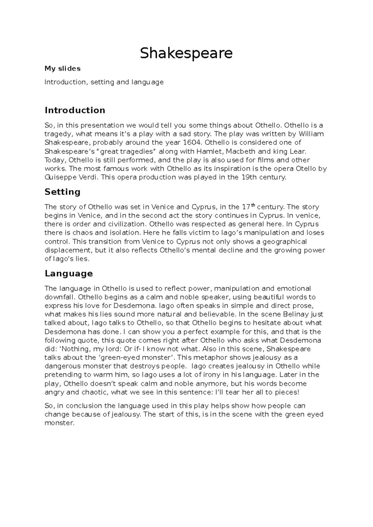 Shakespeare - Intro to Othello: Setting, Language & Themes - Studeersnel