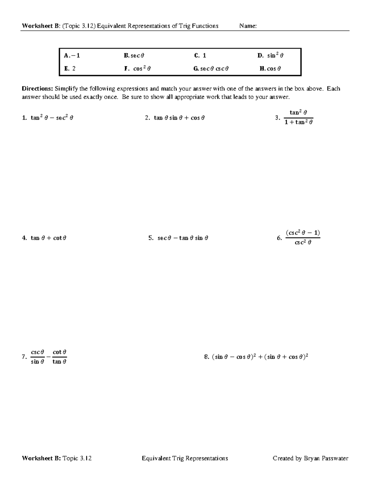 Worksheet B: Topic 3.12 Equivalent Trig Function Representations - Studocu