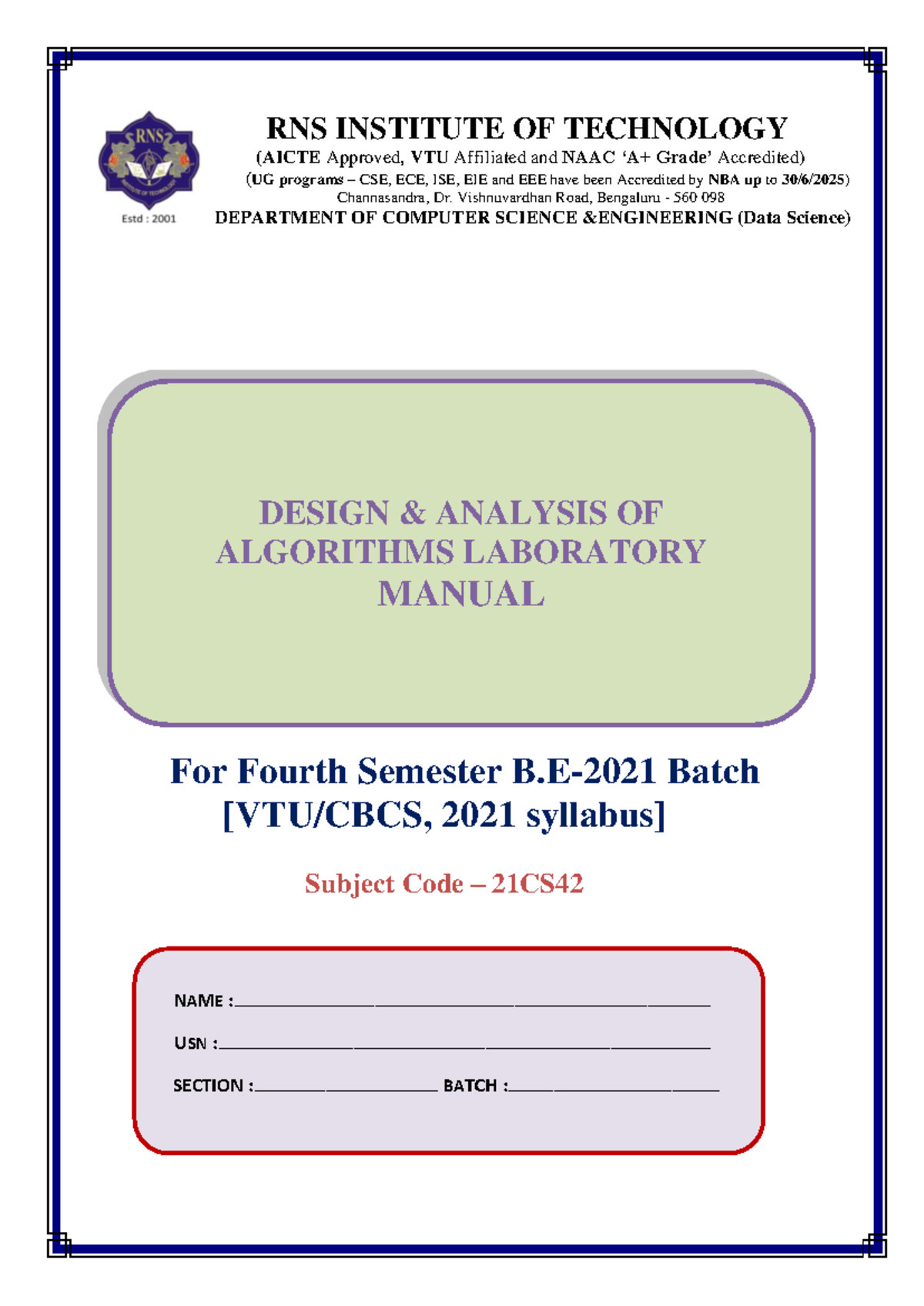 Design & Analysis of Algorithms Lab Manual - 21CS42 (Updated 2023 ...