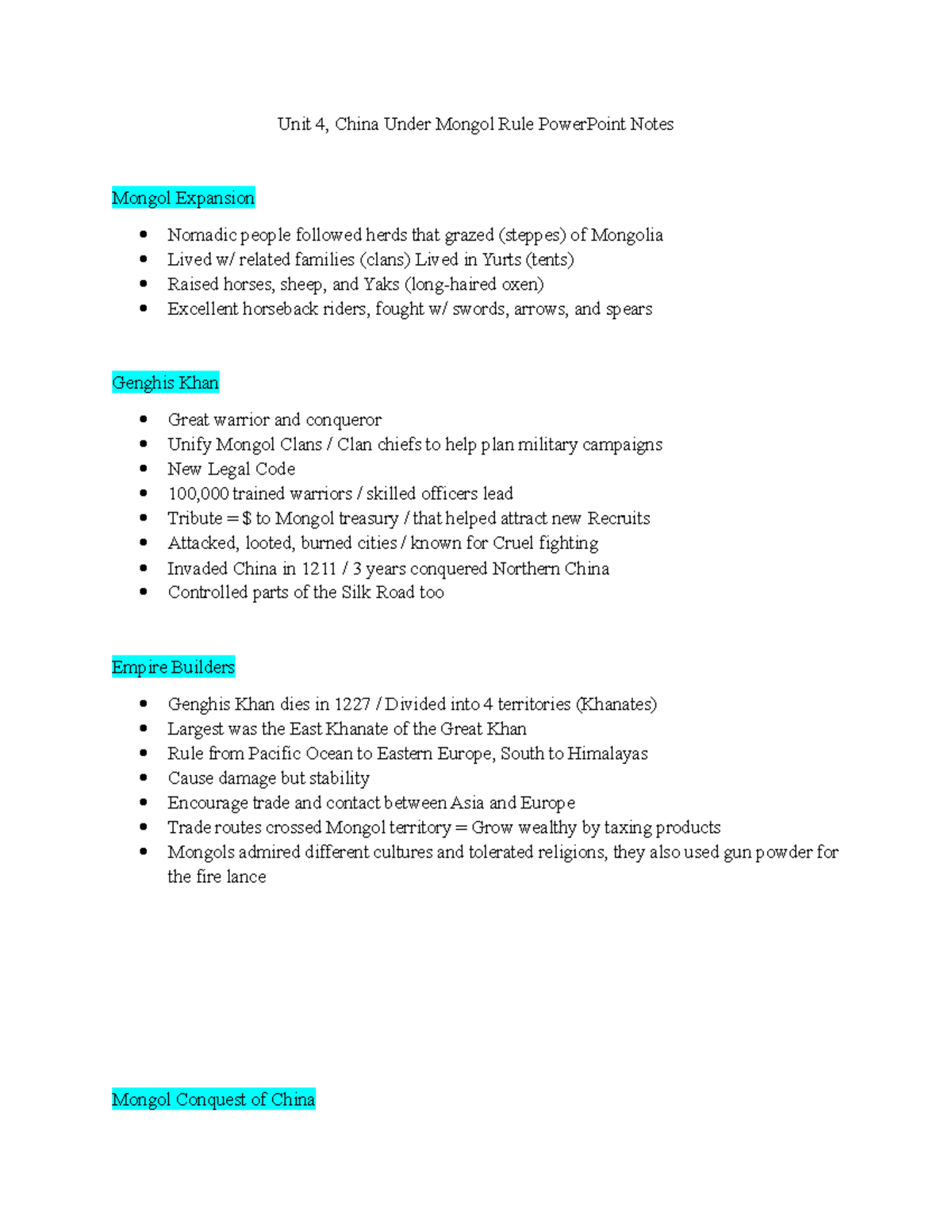 Unit 4: China Under Mongol Rule - PowerPoint Study Notes - Studocu